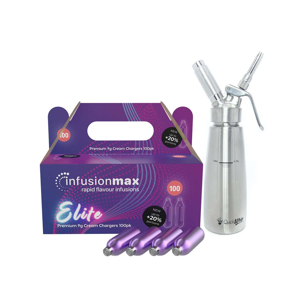 InfusionMax Elite 100-Pack 9g Cream Chargers + QuickWhip Pro Stainless ...