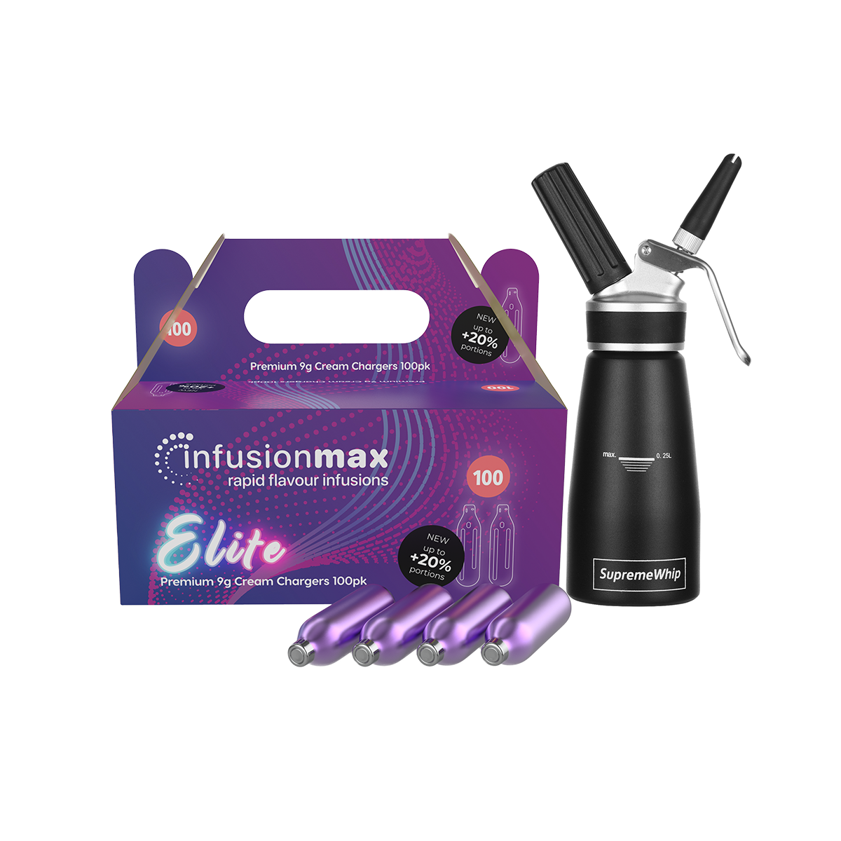 InfusionMax Elite 100-Pack 9g Cream Chargers + SupremeWhip PRO 250ML D ...