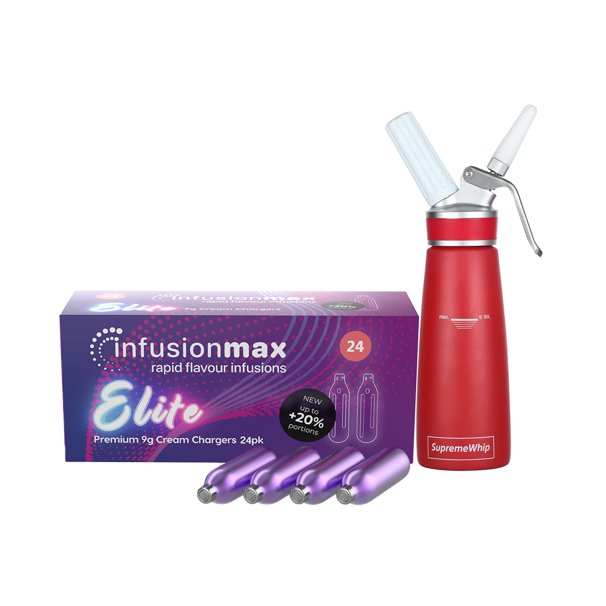 InfusionMax Elite 24 Packs 9g Whipped Cream Chargers + SupremeWhip PRO ...